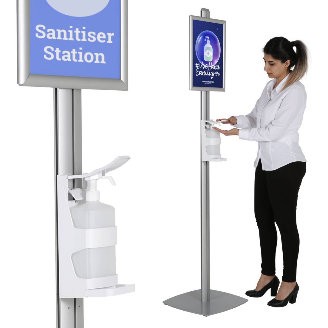 Hand sanitiser station with lever operated gel dispenser